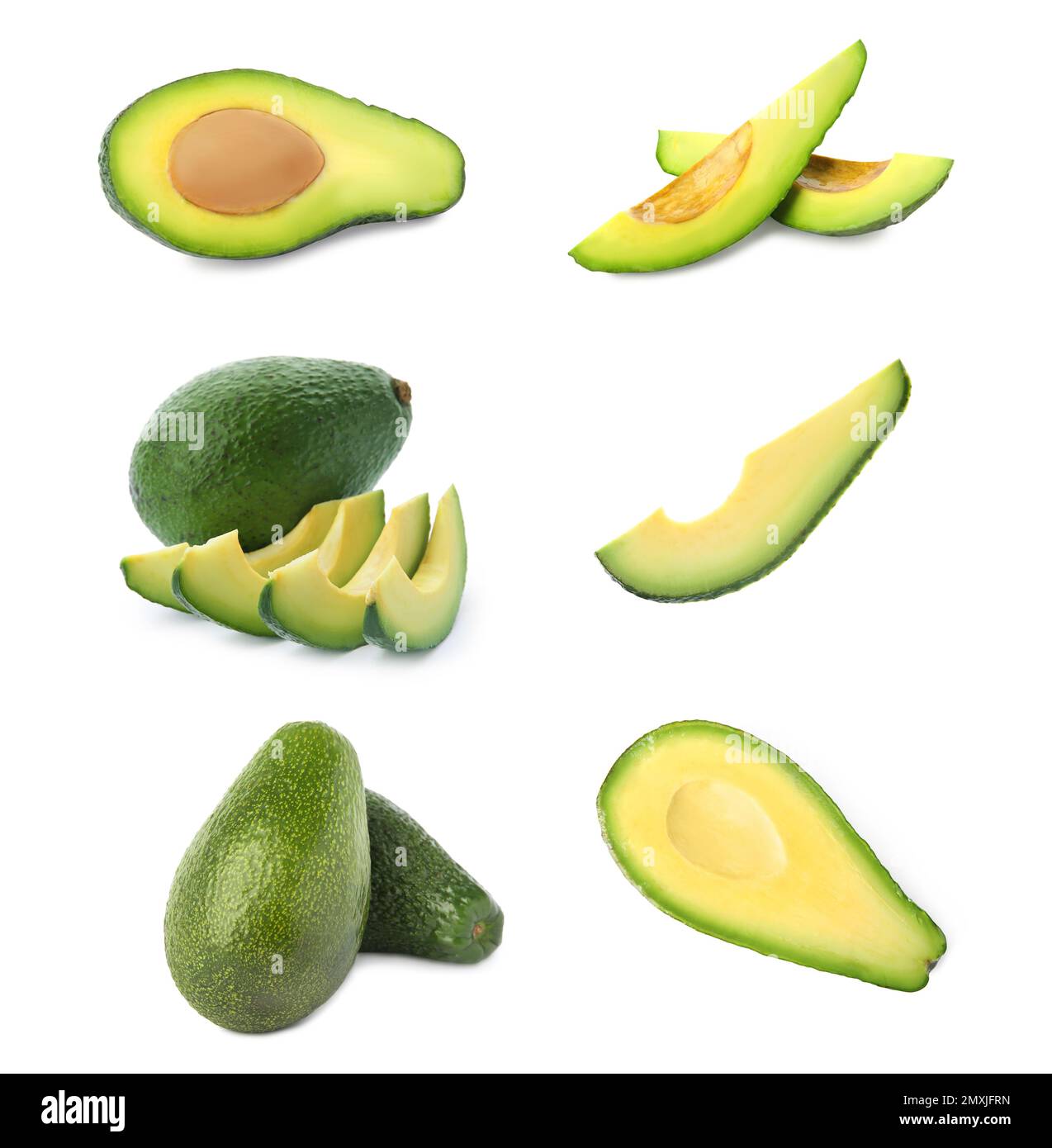 Set of cut and whole avocados on white background Stock Photo - Alamy