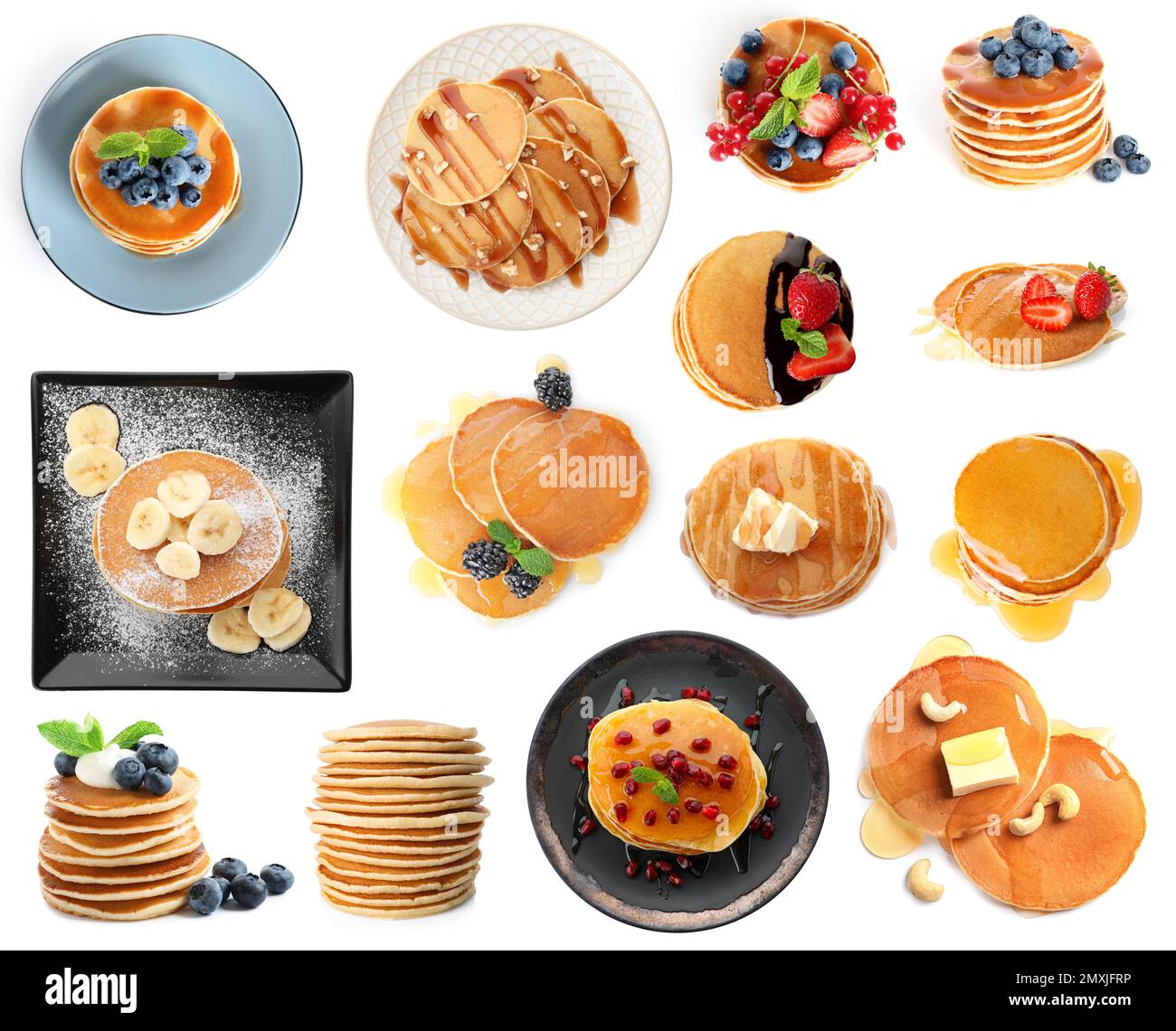 Set of delicious pancakes with different toppings on white background ...