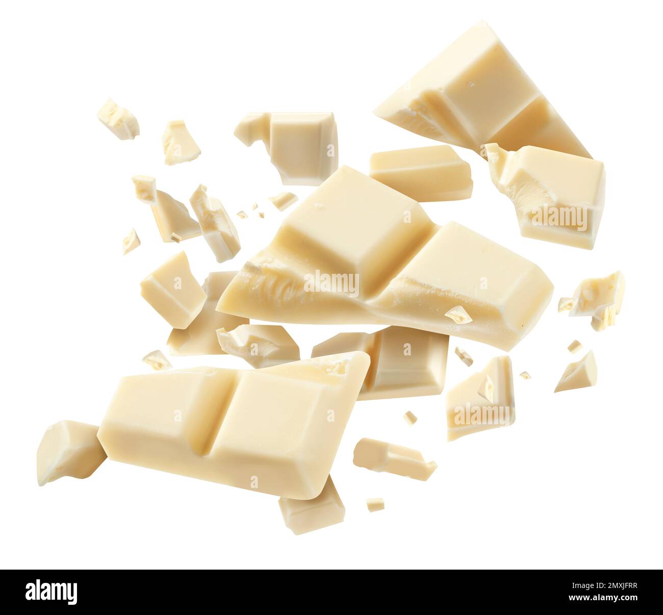 Chocolate explosion, pieces shattering on white background Stock Photo ...
