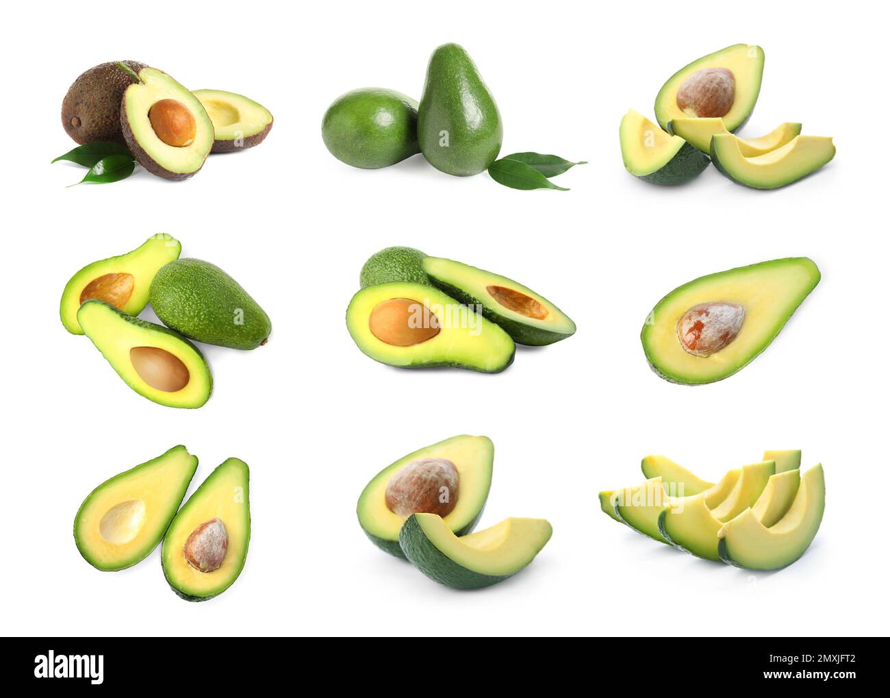 Set of cut and whole avocados on white background Stock Photo - Alamy
