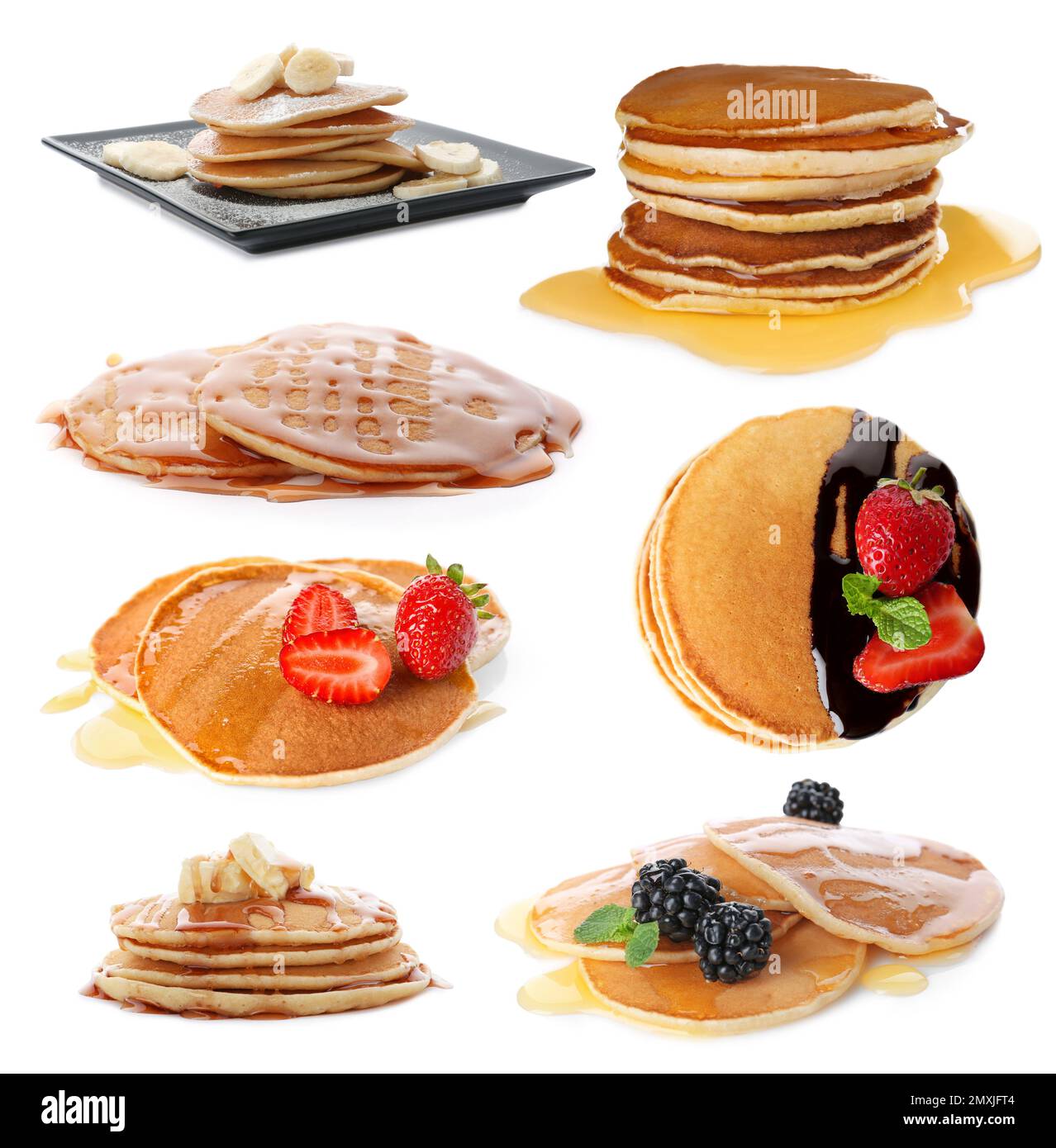 Set of delicious pancakes with different toppings on white background ...