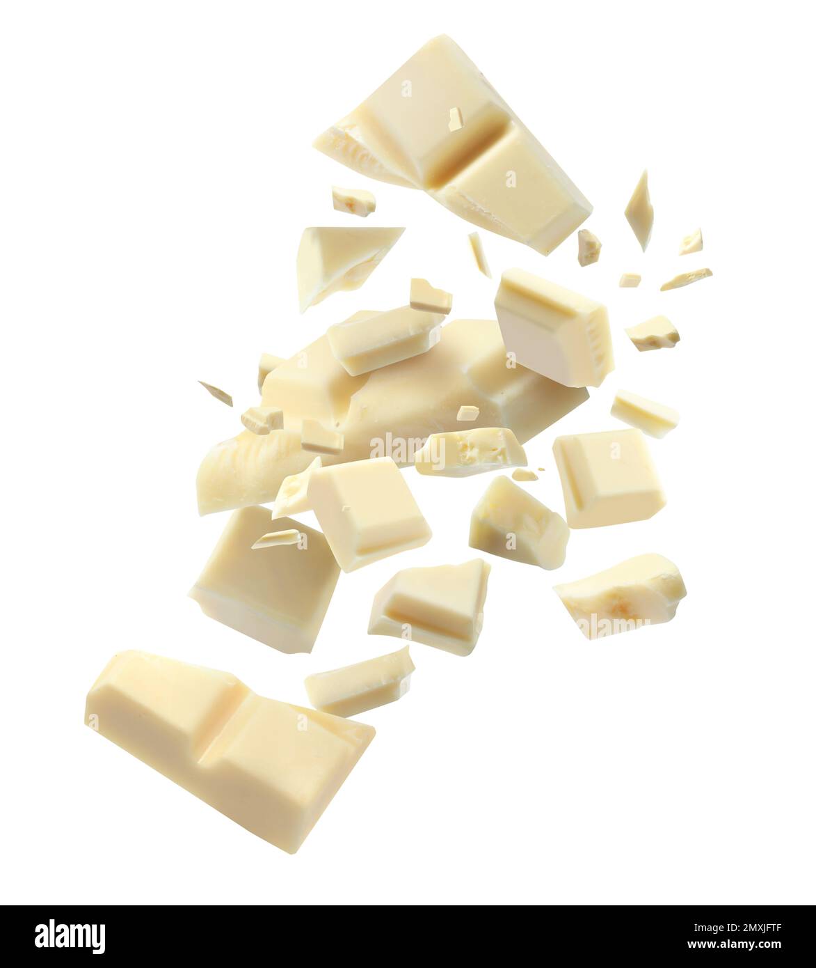 Chocolate explosion, pieces shattering on white background Stock Photo ...