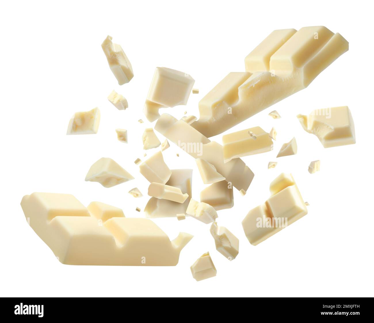Chocolate explosion, pieces shattering on white background Stock Photo ...