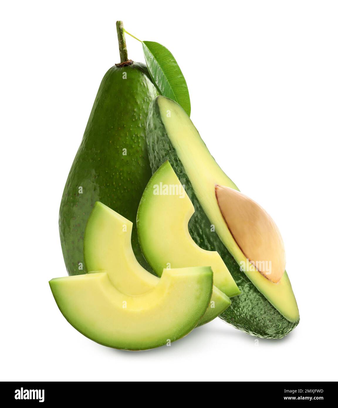Cut and whole fresh avocados on white background Stock Photo - Alamy