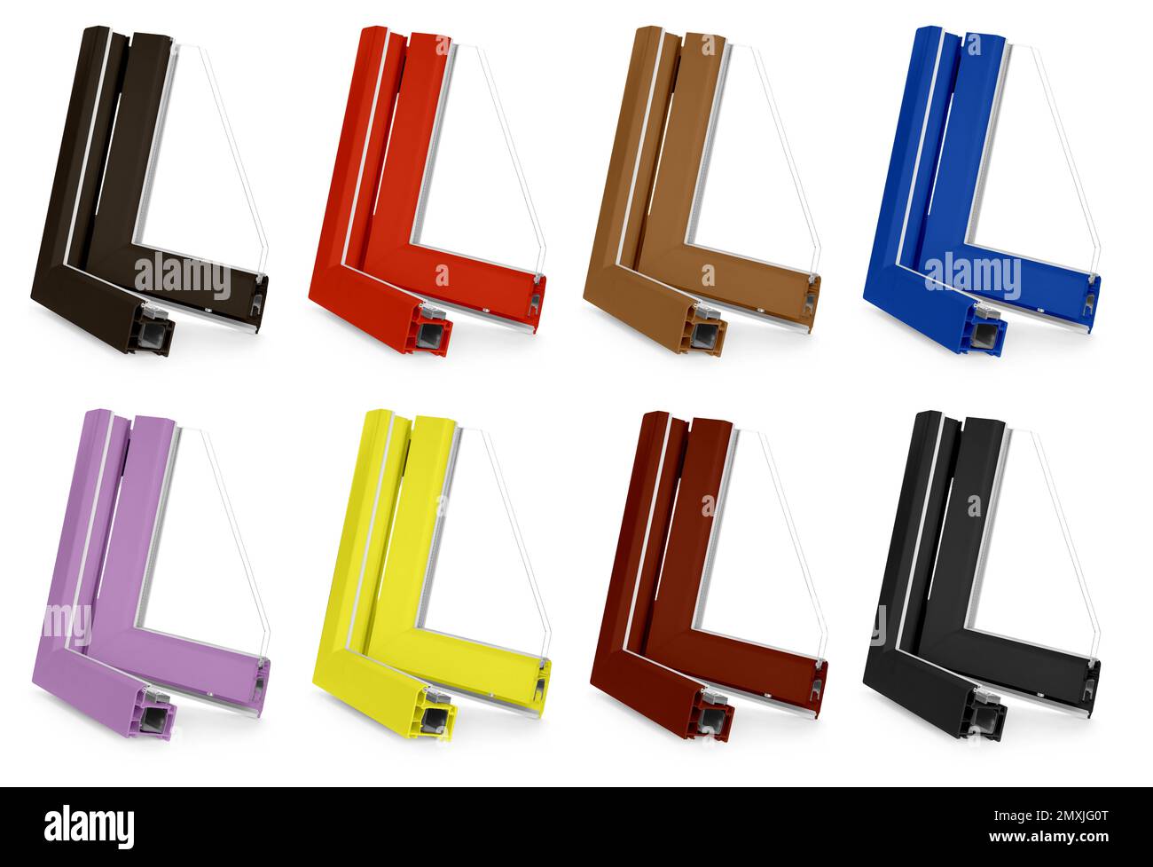 Set with samples of modern window profile in different colors on white ...