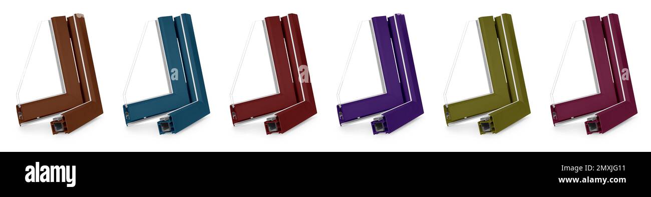 Set with samples of modern window profile in different colors on white ...