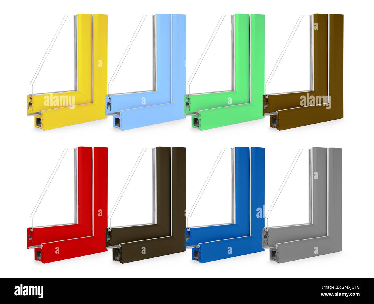 Set with samples of modern window profile in different colors on white ...