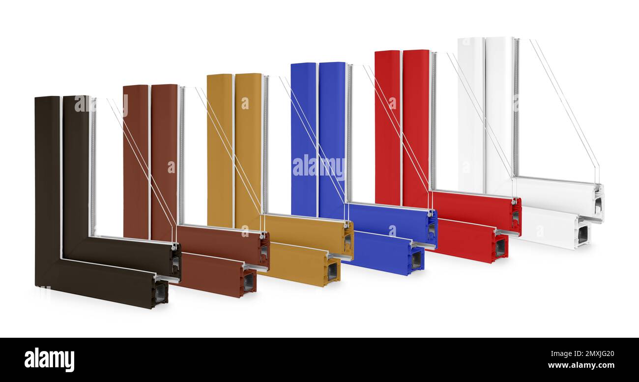 Set with samples of modern window profile in different colors on white ...