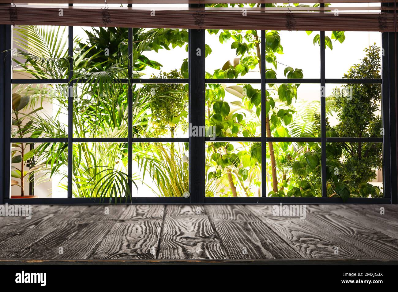 Wooden table and window with blinds on background Stock Photo - Alamy
