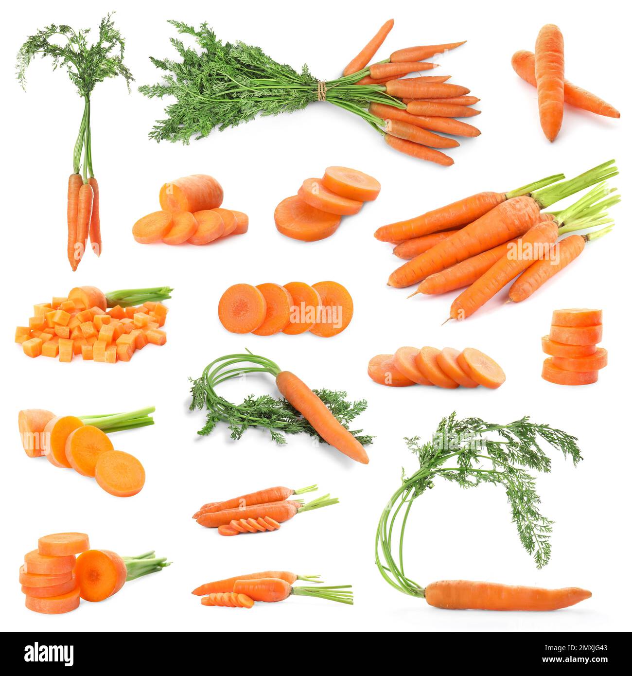 Set of whole and cut carrots on white background Stock Photo - Alamy