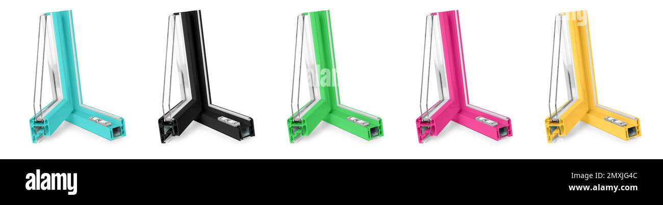 Set with samples of modern window profile in different colors on white ...