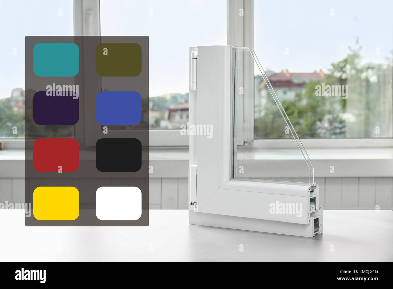 Sample of modern window profile on table and avaiable colors palette ...