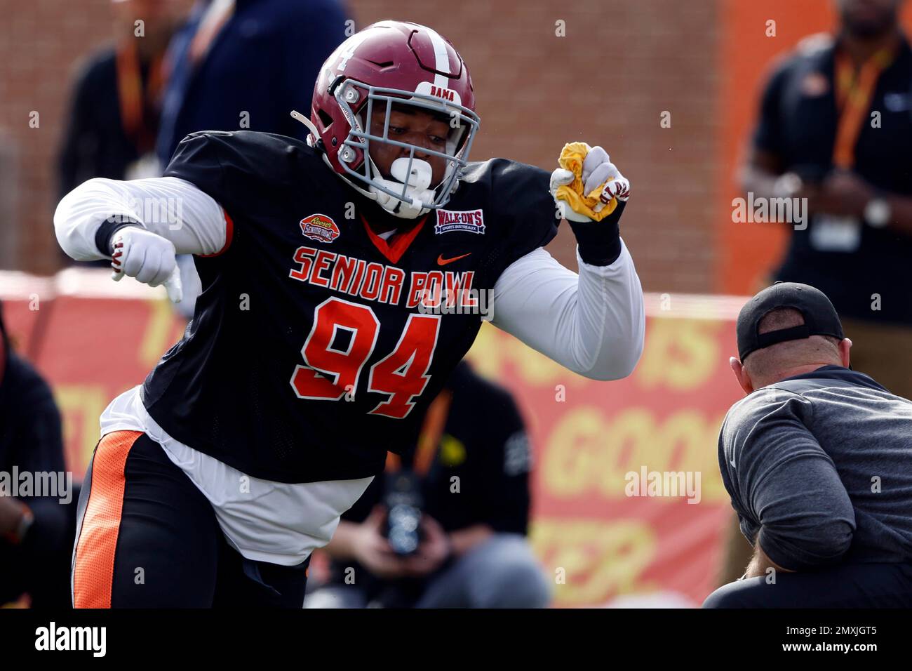 American defensive lineman DJ Dale of Alabama runs drills during ...