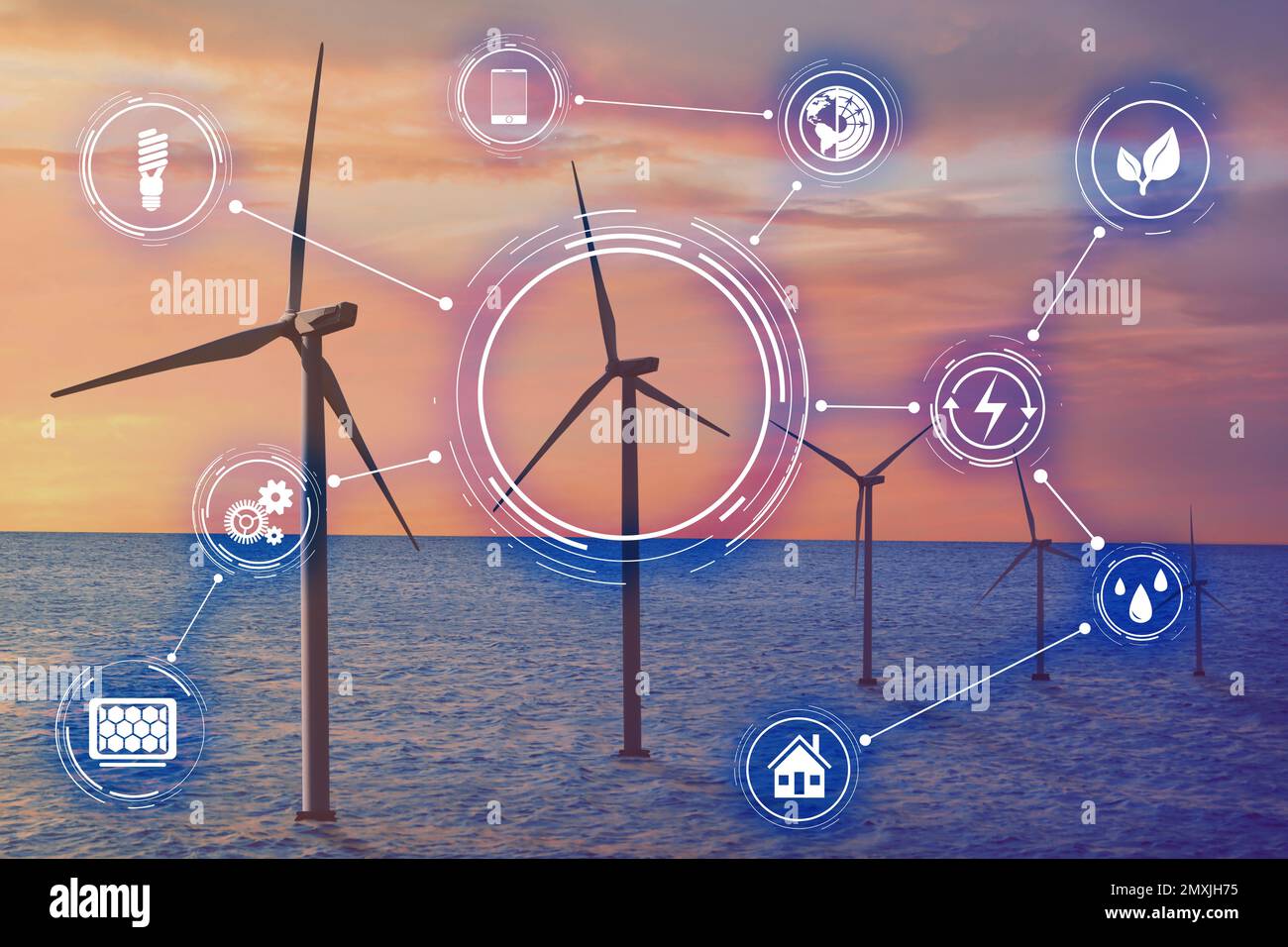 Alternative energy source. Floating wind turbines in sea and scheme ...