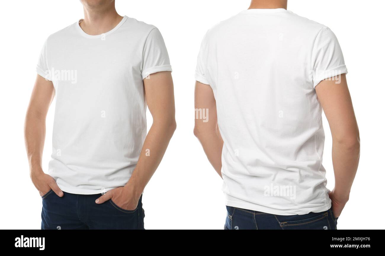 Man in t-shirt on white background, closeup with back and front view ...