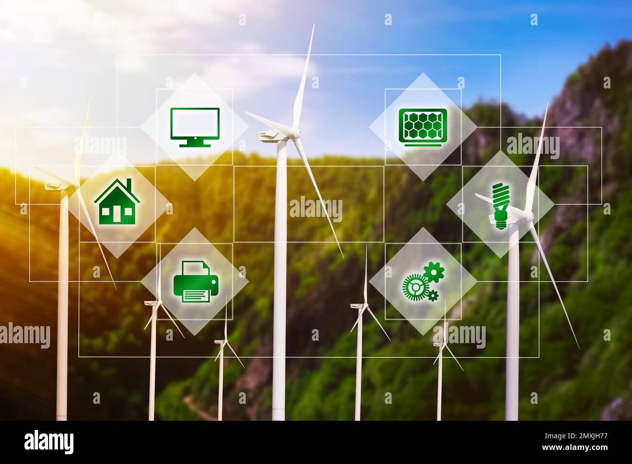 Alternative energy source. Wind turbines outdoors and scheme Stock ...