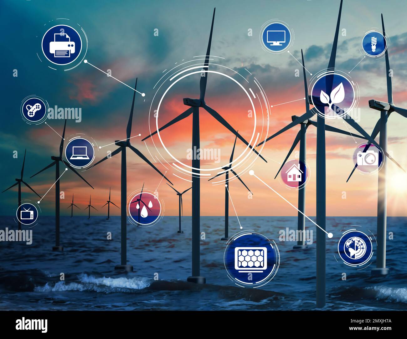 Alternative energy source. Floating wind turbines in sea and scheme ...