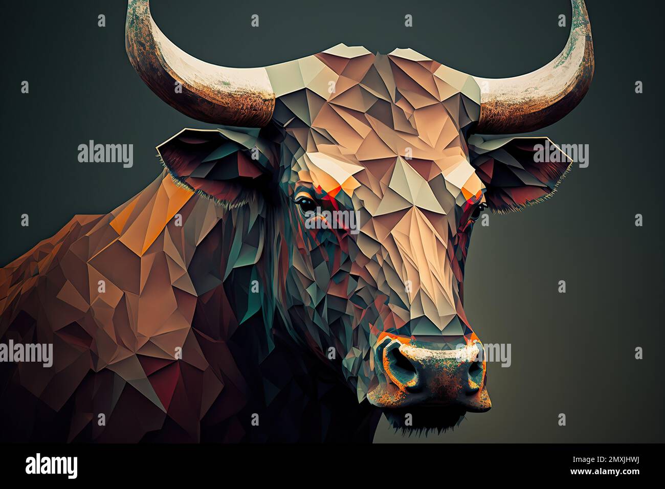 An AI generated 3D illustration of a low poly bull poster on a gray ...