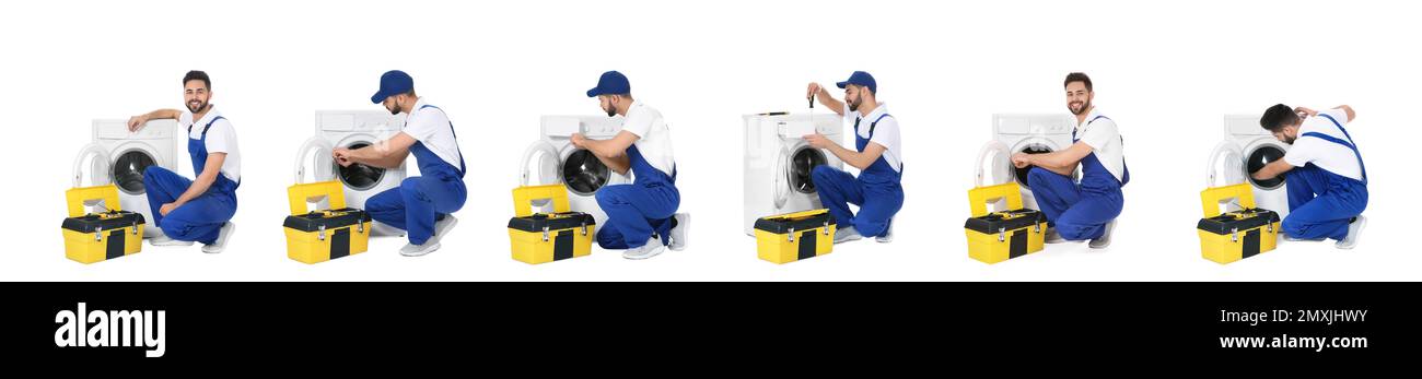 Collage with photos of plumber on white background. Banner design Stock ...