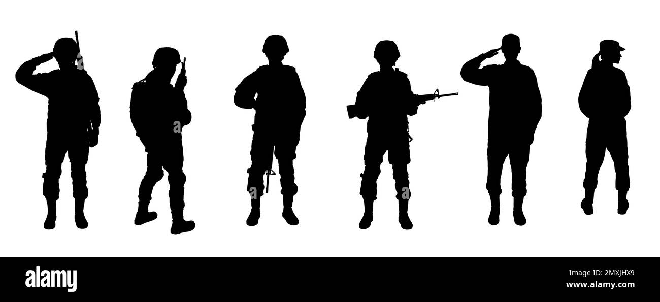 Collage with silhouettes of military soldiers on white background ...