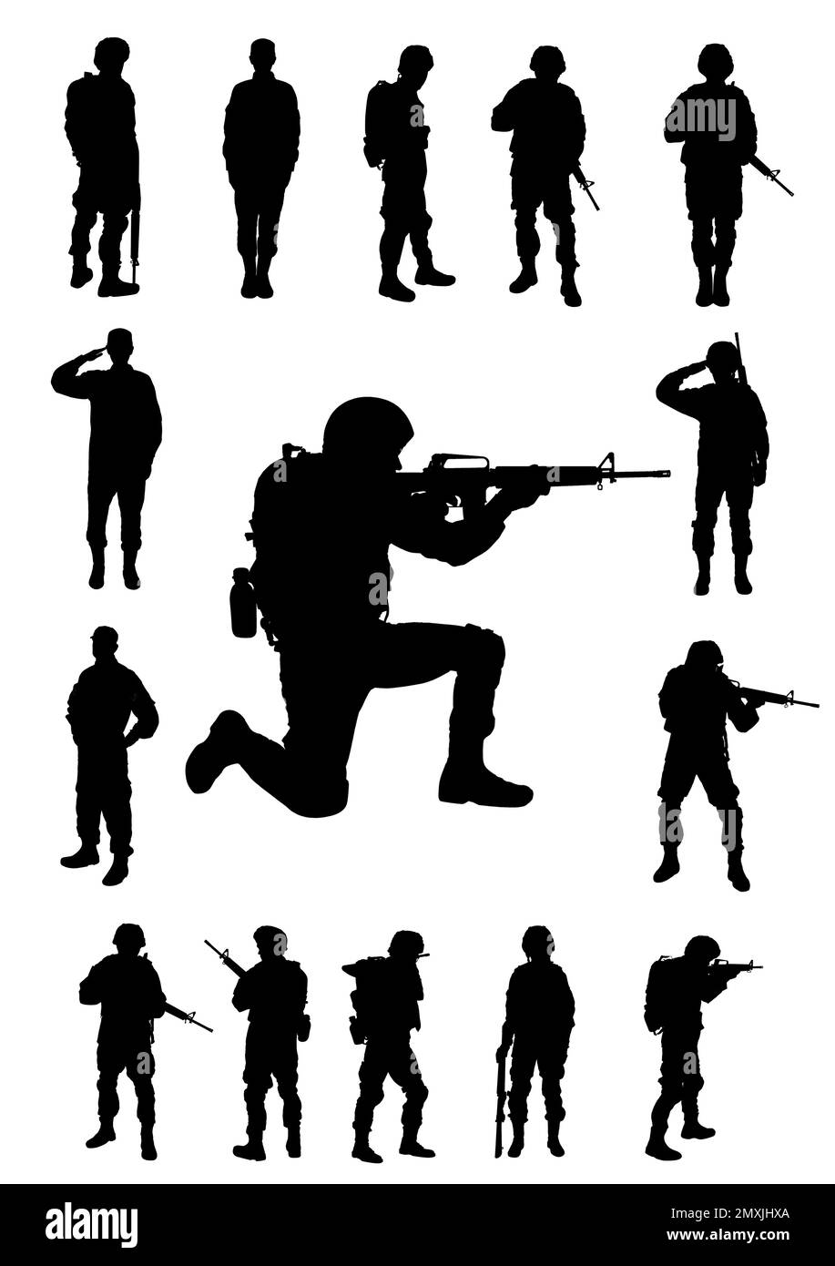 Collage with silhouettes of soldiers on white background. Military ...