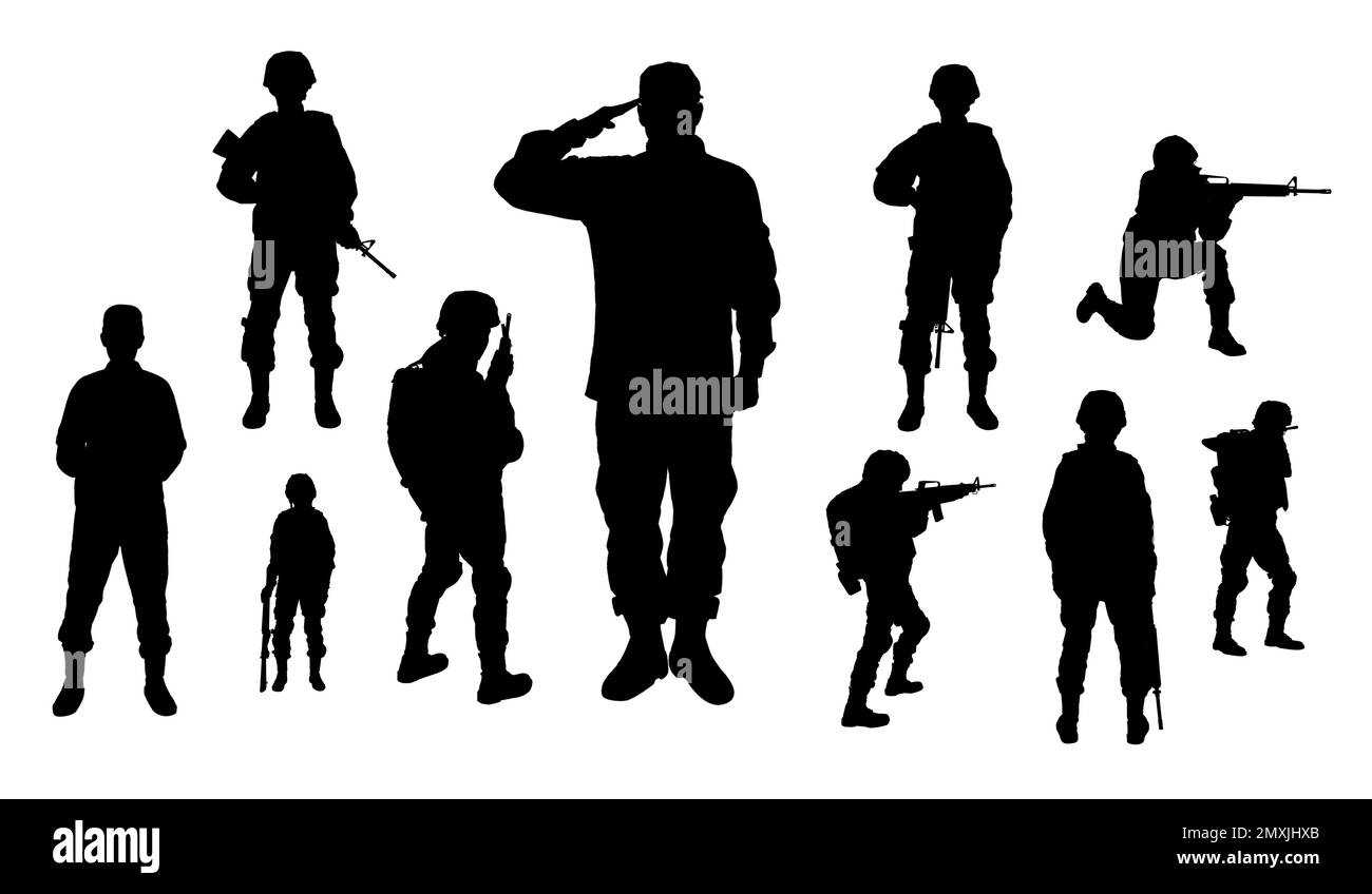 Collage with silhouettes of soldiers on white background. Military ...