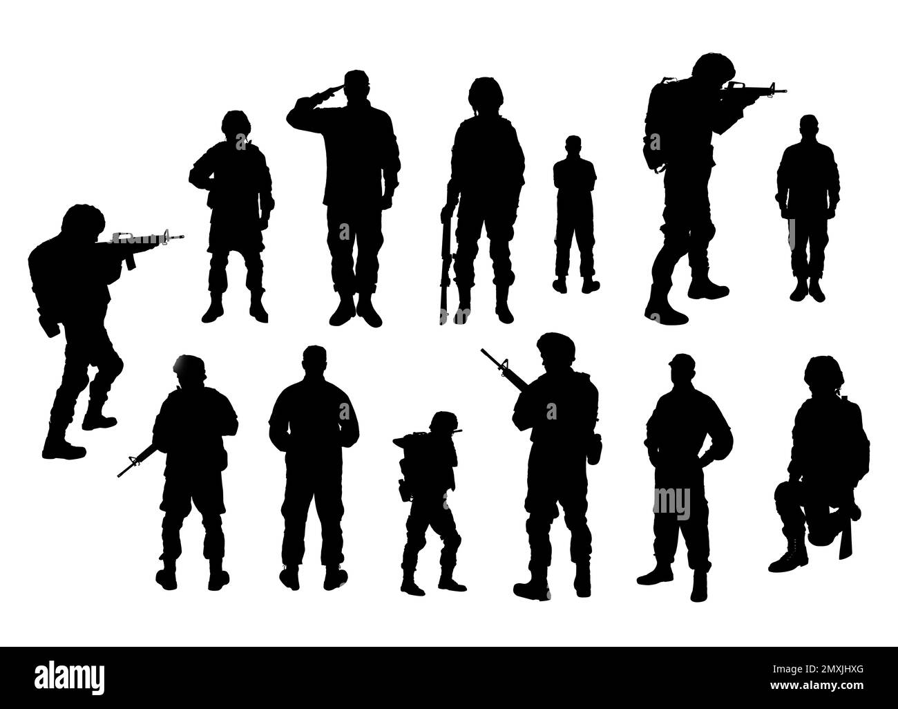Collage with silhouettes of soldiers on white background. Military ...