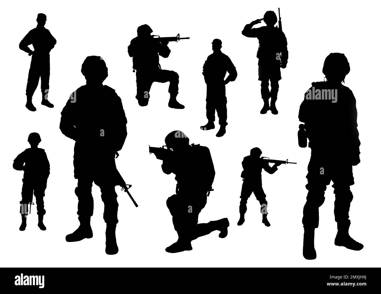 Collage with silhouettes of soldiers on white background. Military ...