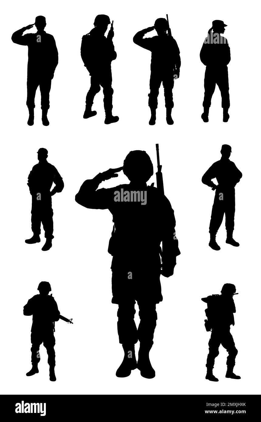 Collage with silhouettes of soldiers on white background. Military ...