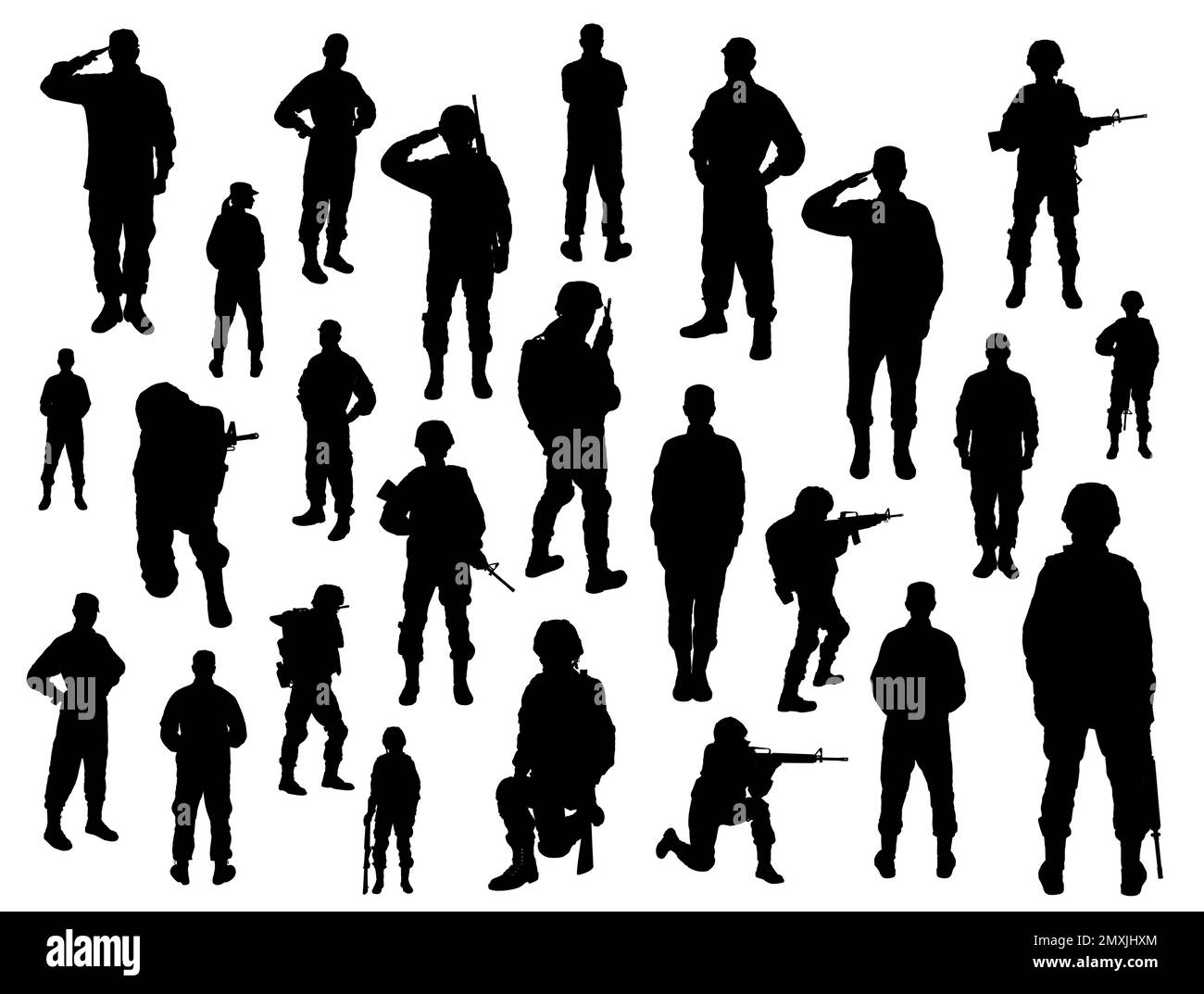 Collage with silhouettes of soldiers on white background. Military ...