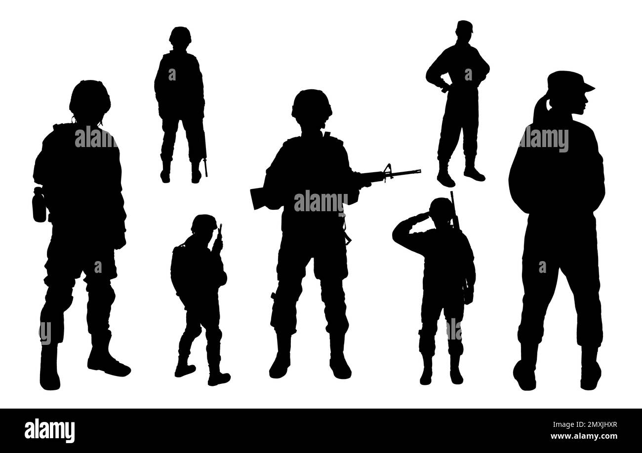 Collage with silhouettes of soldiers on white background. Military ...