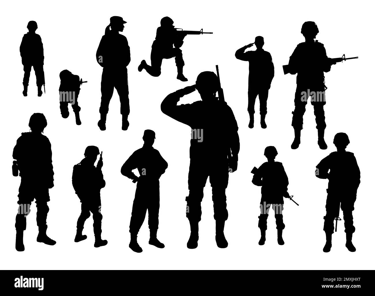 Collage with silhouettes of soldiers on white background. Military ...
