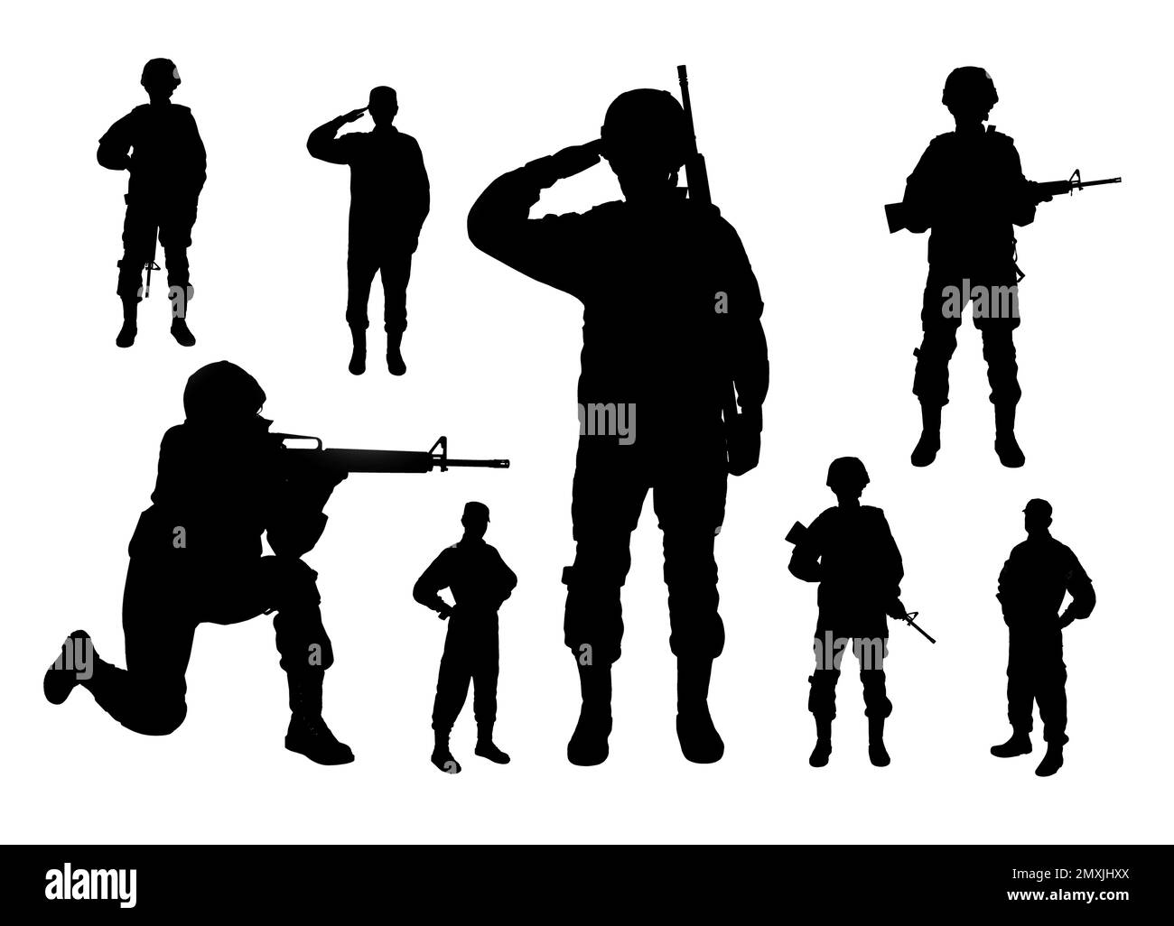 Collage with silhouettes of soldiers on white background. Military ...