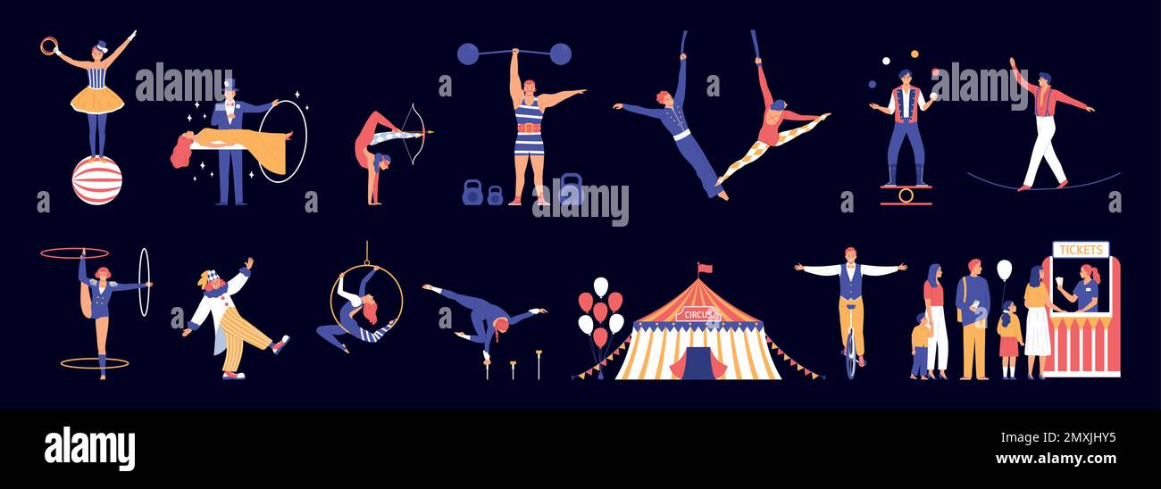 Circus flat icons set with tent and funfair performets isolated vector illustration Stock Vector ...
