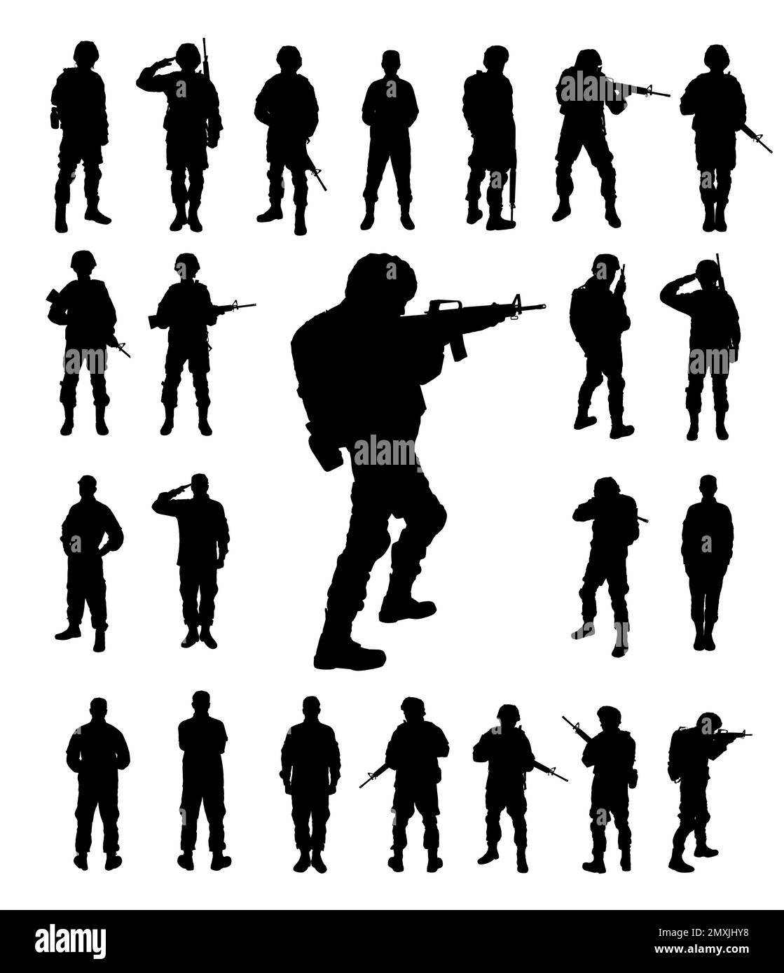 Collage with silhouettes of soldiers on white background. Military ...