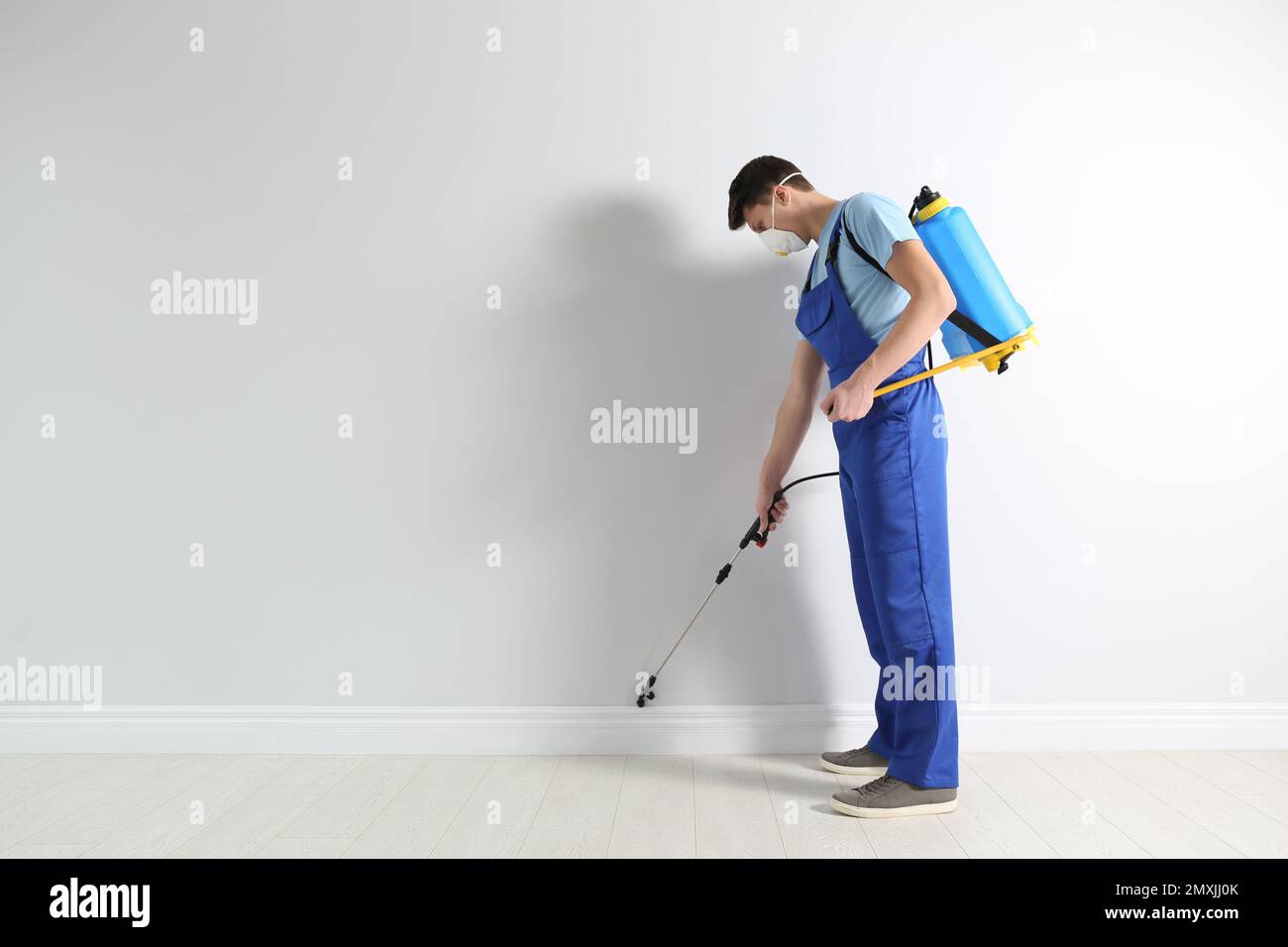 Pest control worker spraying pesticide in room. Space for text Stock ...