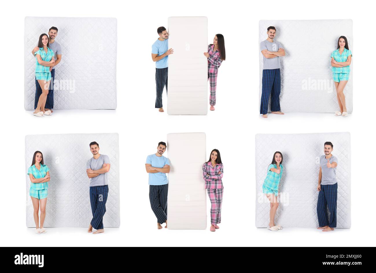 Collage with photos of young couple and mattresses on white background ...