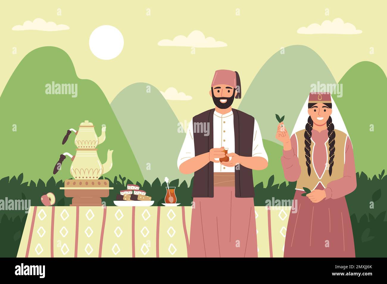 Tea tradiitions concept with man and woman in traditional clothes and ...