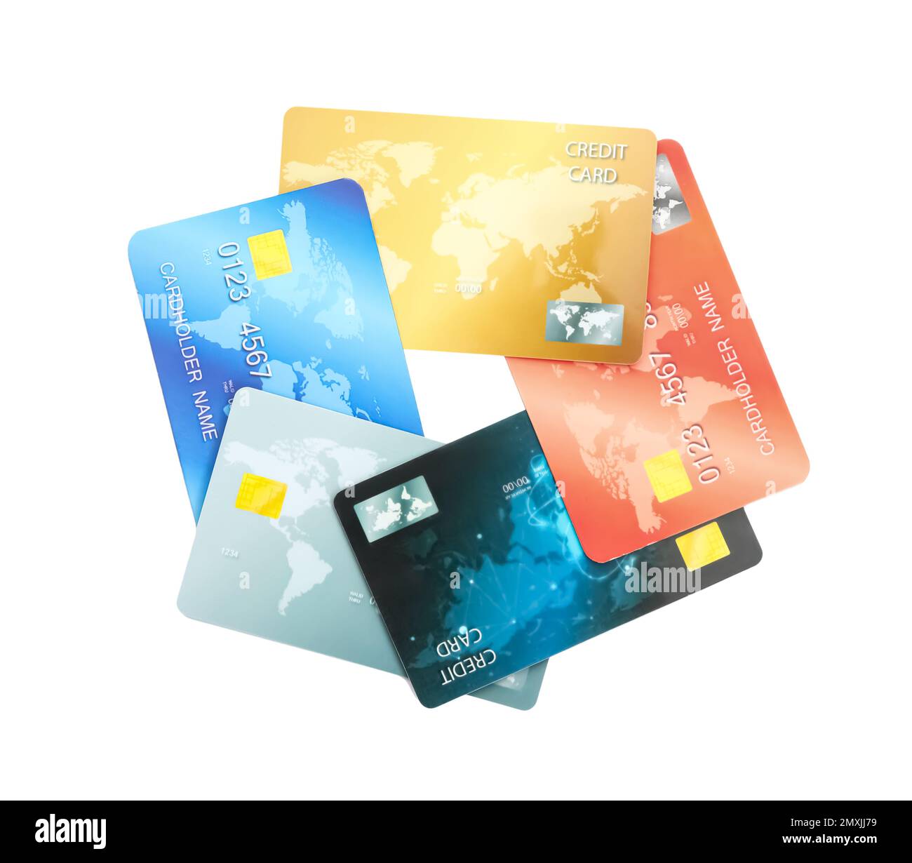 Different plastic credit cards on white background Stock Photo - Alamy