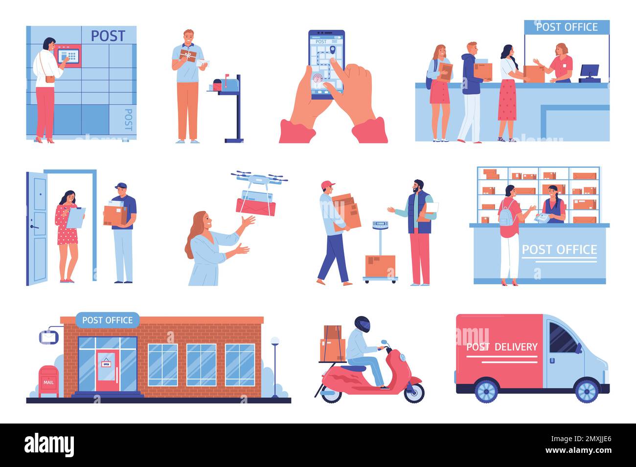 Post office flat icons set with courier delivery and postal terminal systems isolated vector ...