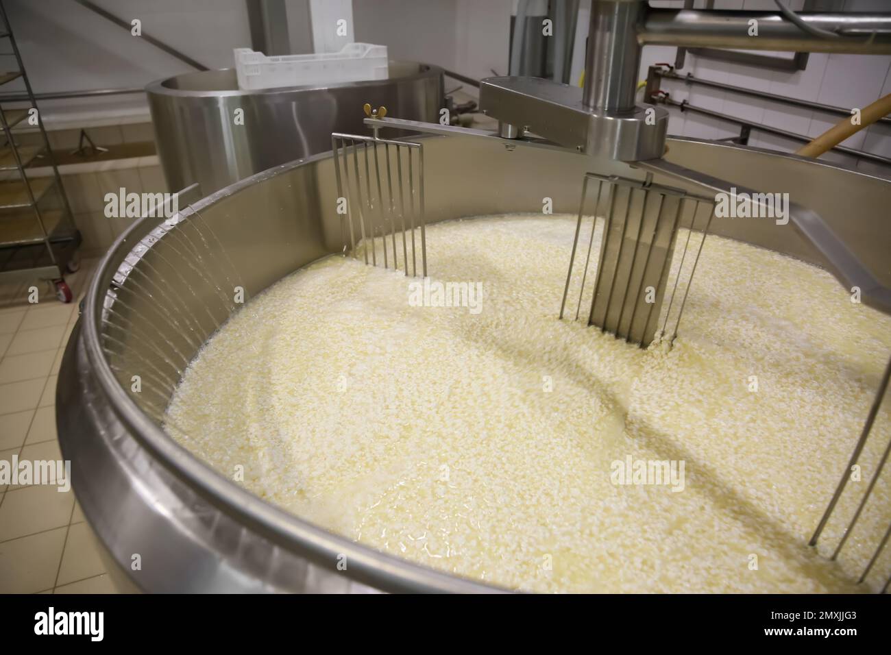 Adding water to curd and whey in tank at cheese factory Stock Photo - Alamy