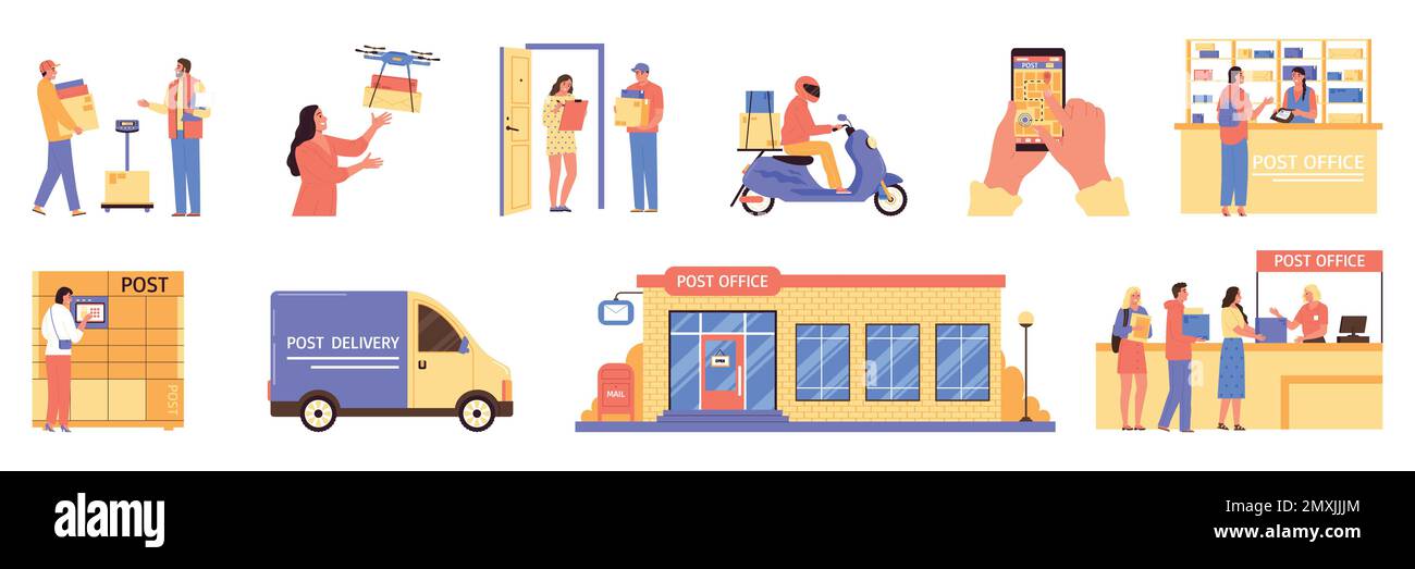 Post office and delivery flat icons set with modern mail system scenes ...