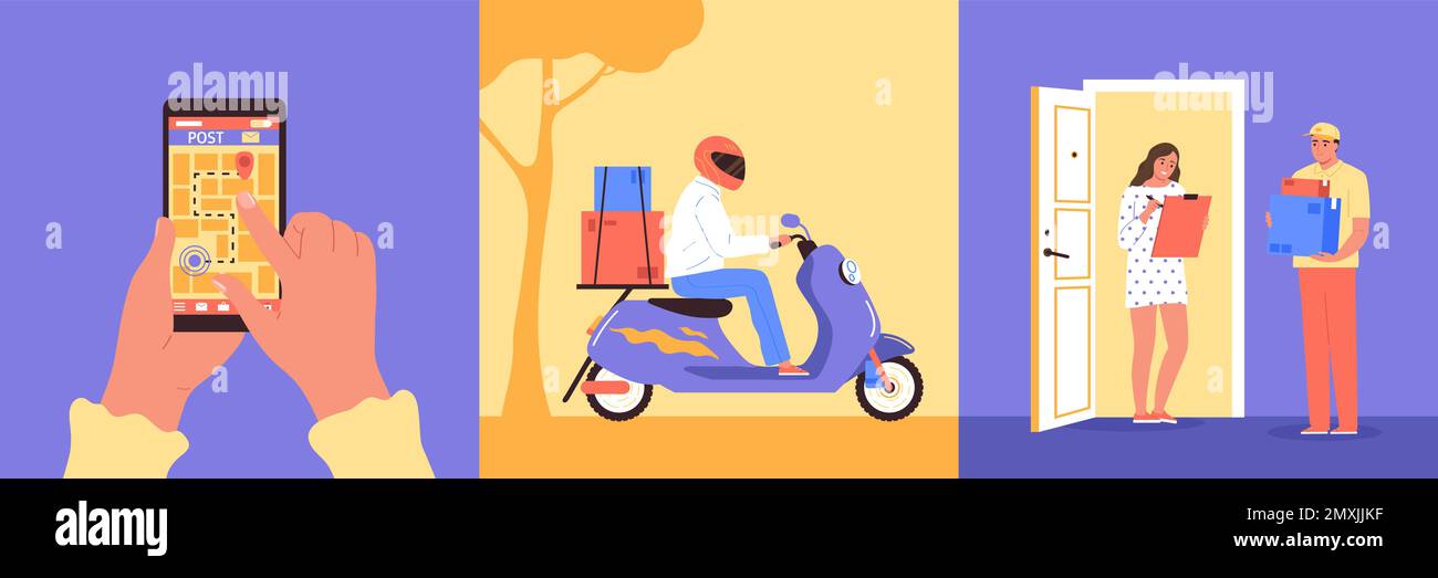 Delivery design concept set courier takes the parcel to recipient ...