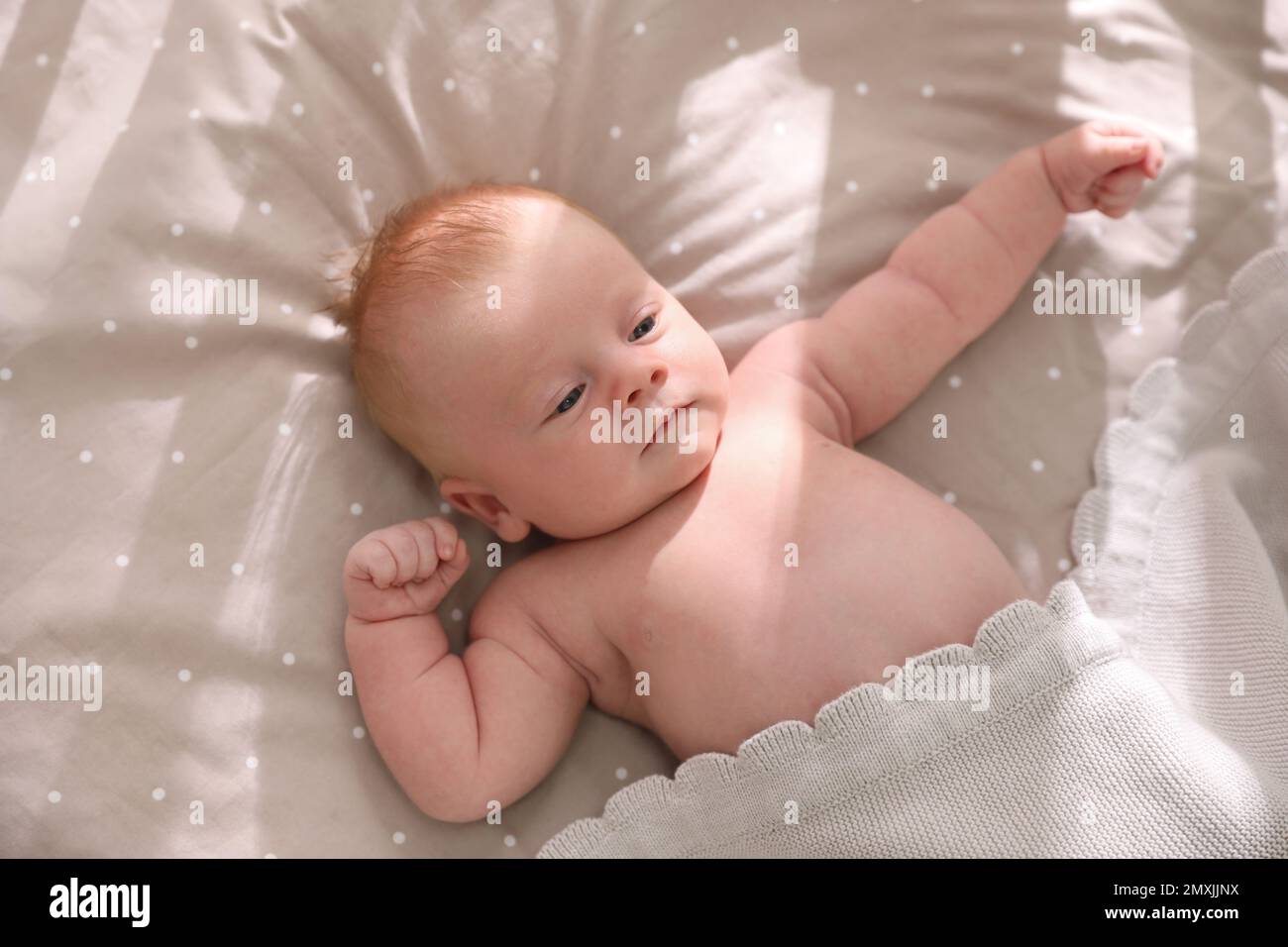 Cute little child lying in cot, above view. Healthy baby Stock Photo ...