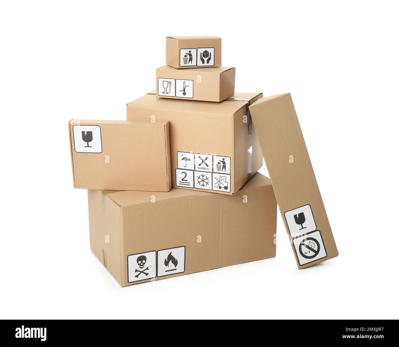 Cardboard boxes with different packaging symbols on white background ...