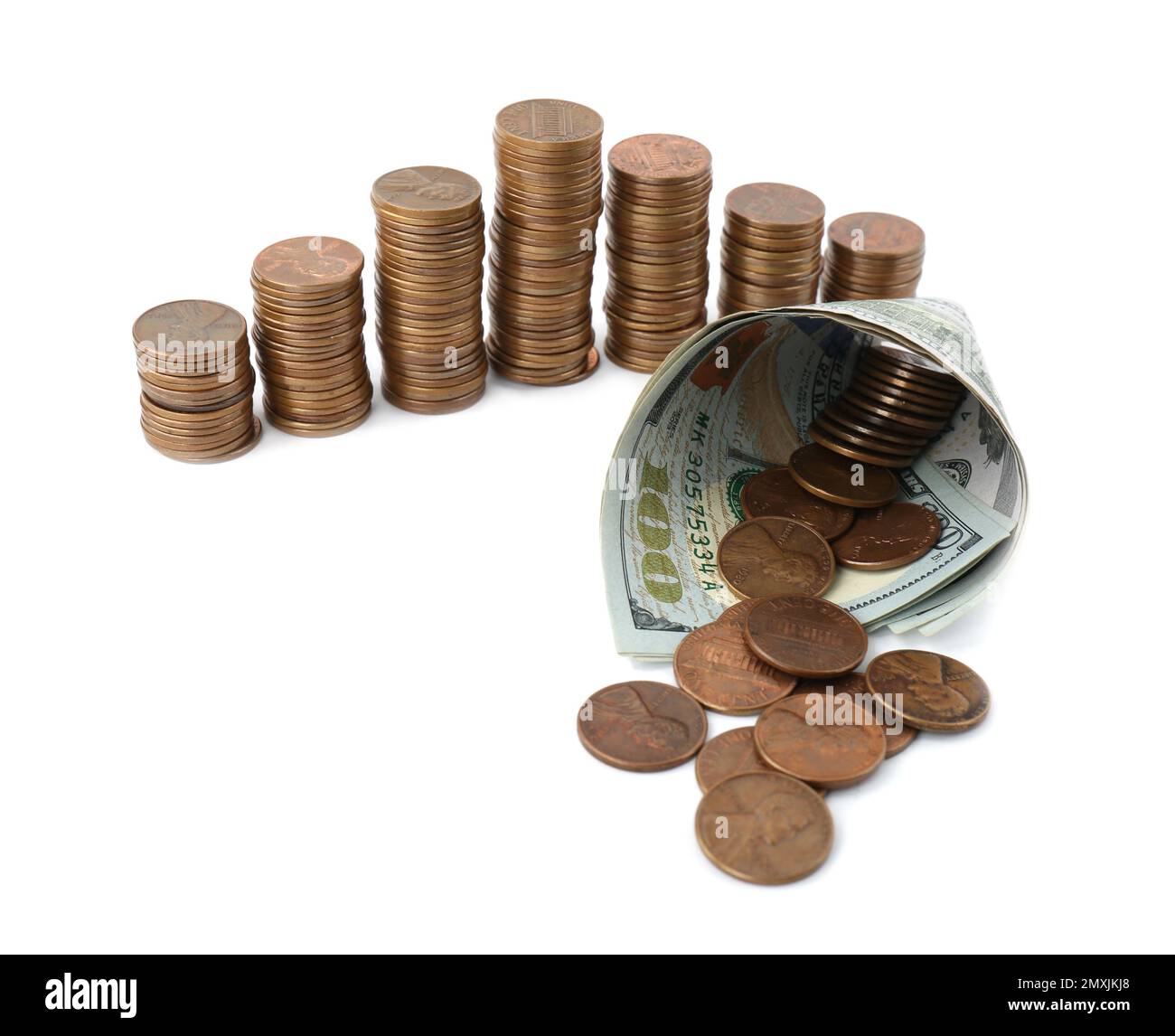 Dollar bill and coins isolated on white Stock Photo - Alamy