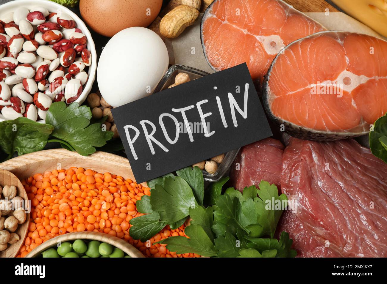 Card with word PROTEIN and different products as background, flat lay ...