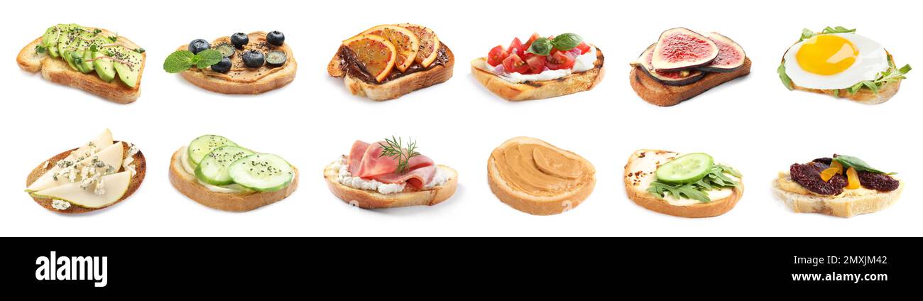 Set of toasted bread with different toppings on white background ...