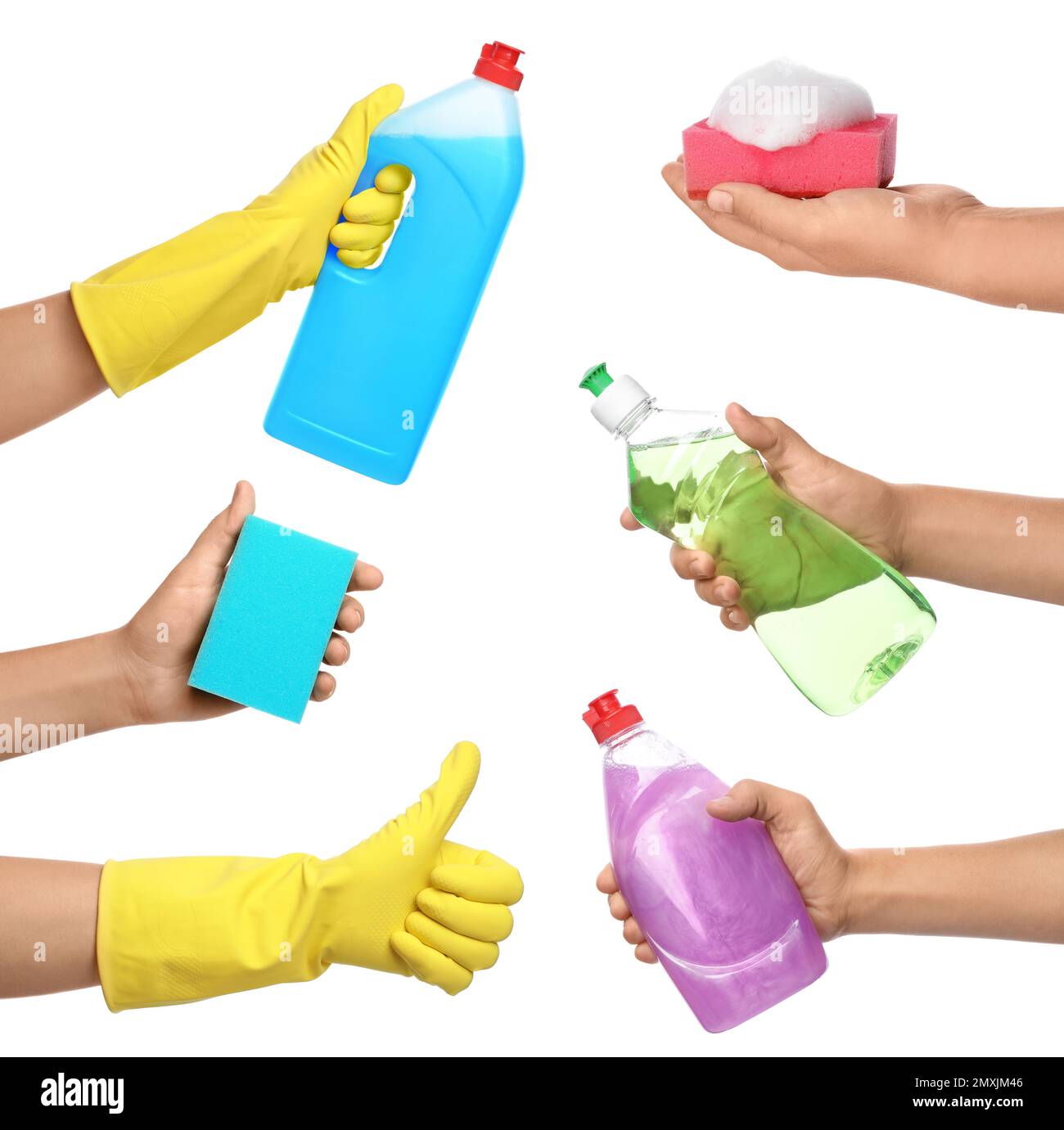 Collage with photos of people holding cleaning supplies on white ...