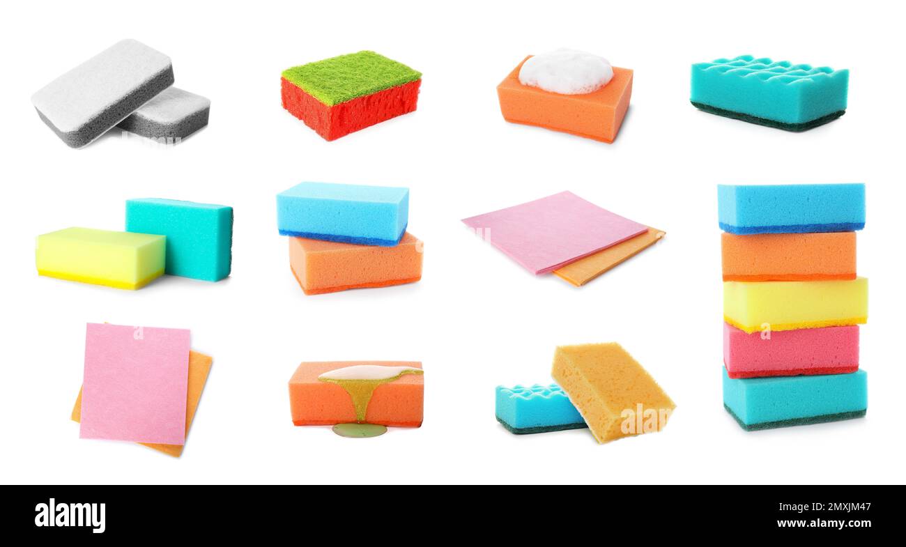 Set with different sponges on white background, banner design. Cleaning ...